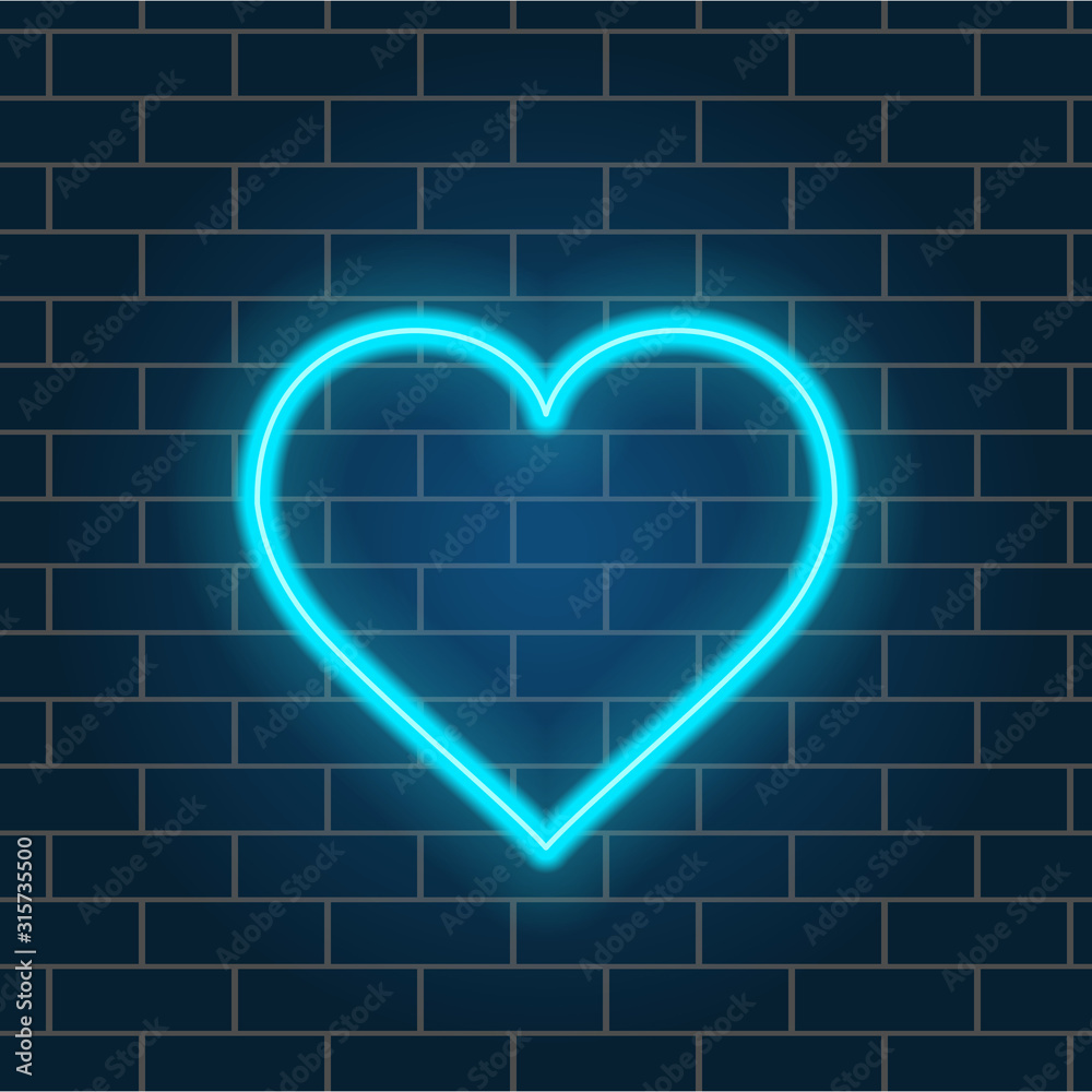 Neon heart is blue. Retro glowing heart sign. Night light advertising ...
