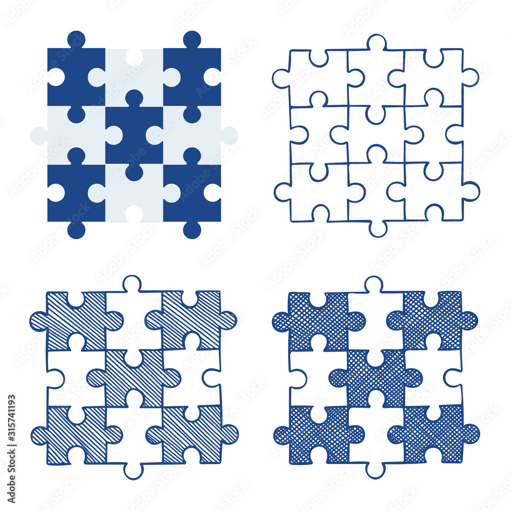 Puzzle. Puzzle graphics collection in different drawing styles. Hand ...
