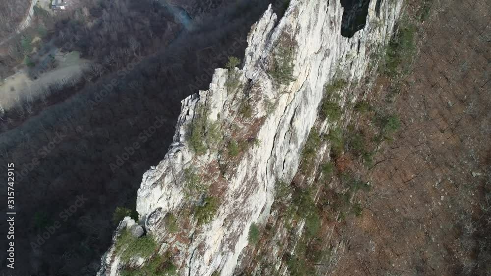 Vidéo Stock Tilt up aerial, Seneca Rock mountain ridge in Monongahela ...