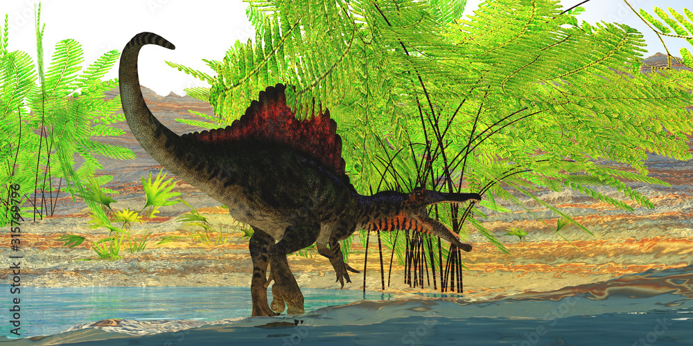 Spinosaurus Dinosaur near Stream - A Spinosaurus dinosaur seeks refuge ...