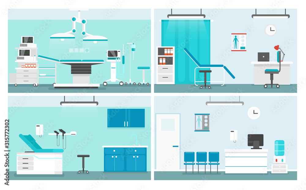 Hospital rooms flat vector illustrations set. Doctor office cartoon ...