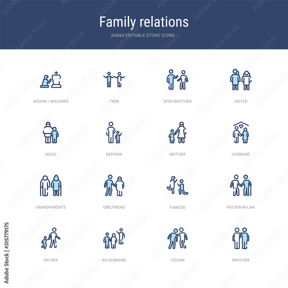 set of 16 vector stroke icons such as brother, cousin, ex-husband ...