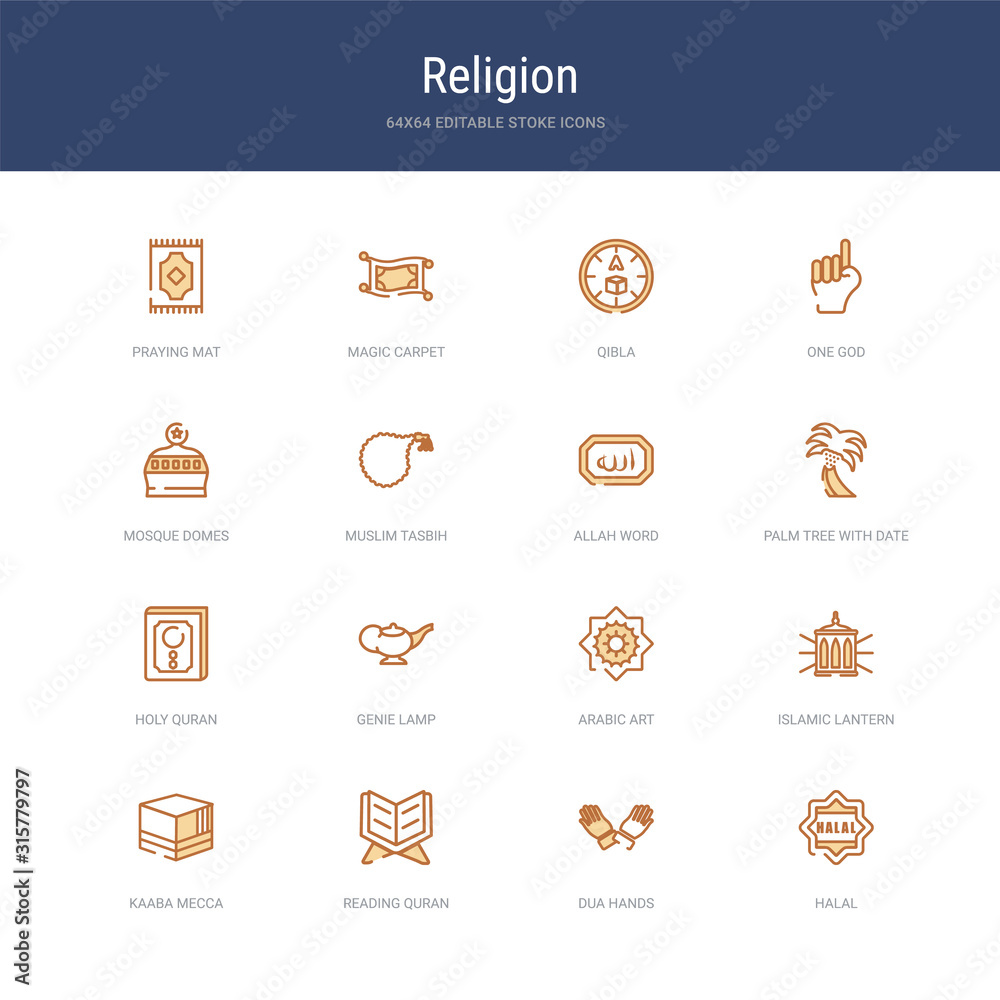 set of 16 vector stroke icons such as halal, dua hands, reading quran ...