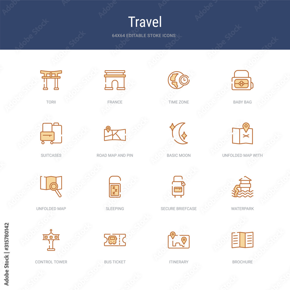 set of 16 vector stroke icons such as brochure, itinerary, bus ticket ...