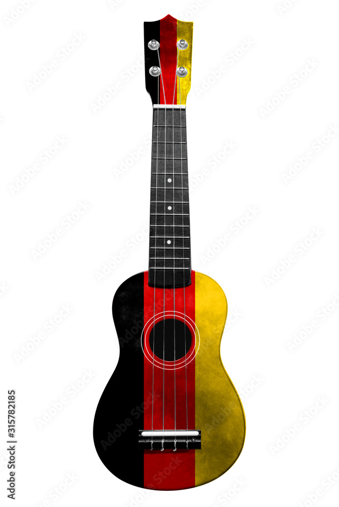 Hawaiian national guitar, ukulele, with a painted Germany flag, on a ...