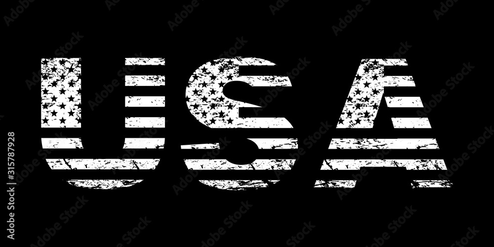 USA flag grunge text, American flag in letters, white isolated on black ...