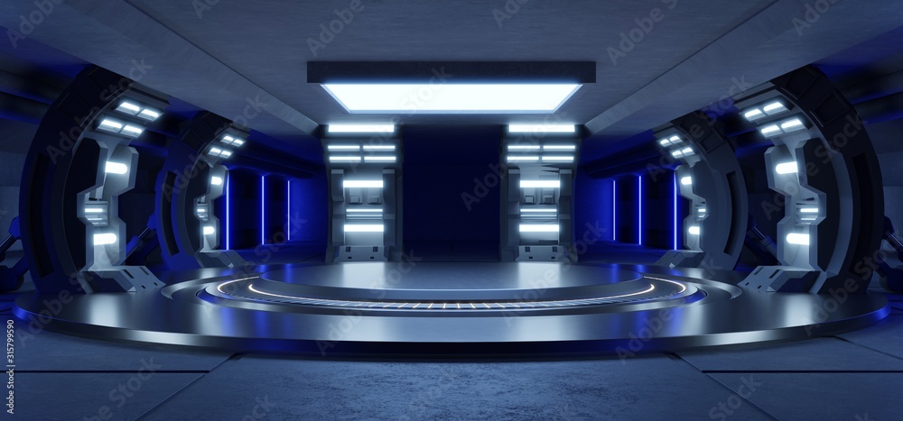 Empty light blue studio room Futuristic interior with empty stage with ...