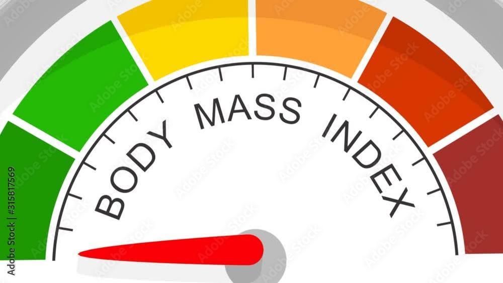Body mass index meter read high level result. Color scale with arrow ...