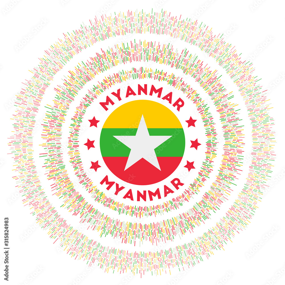 Myanmar symbol. Radiant country flag with colorful rays. Shiny sunburst ...