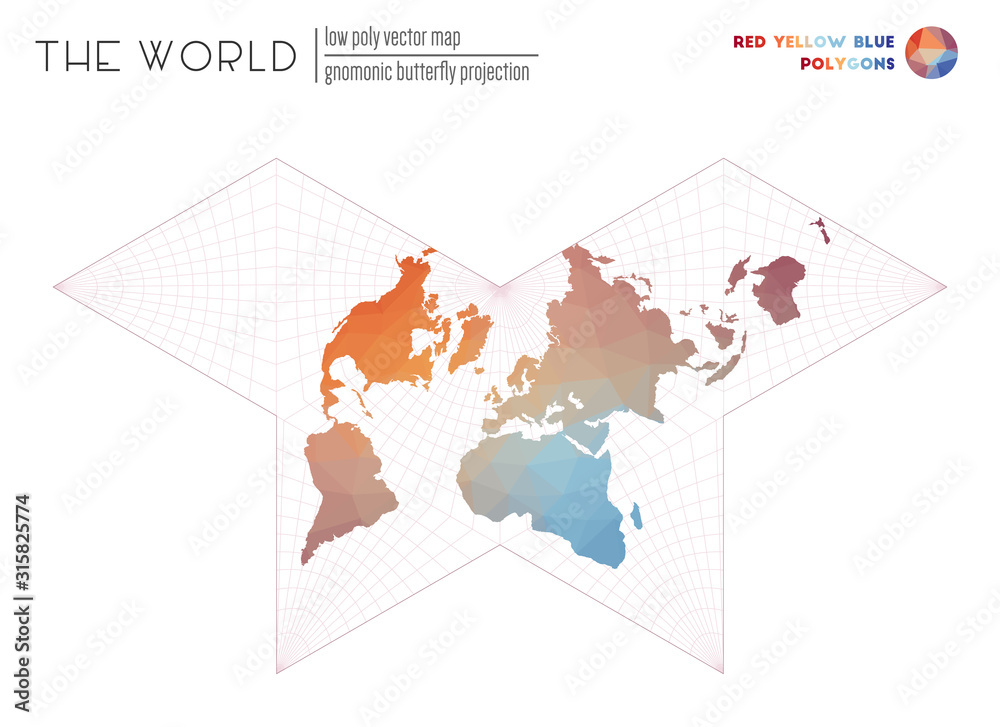 World map with vibrant triangles. Gnomonic butterfly projection of the ...