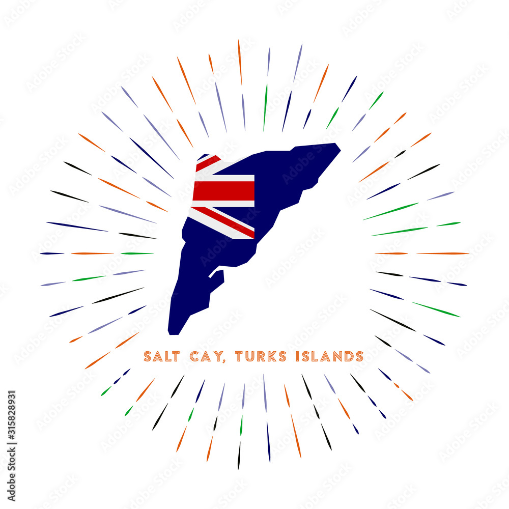 Salt Cay, Turks Islands sunburst badge. The island sign with map of ...