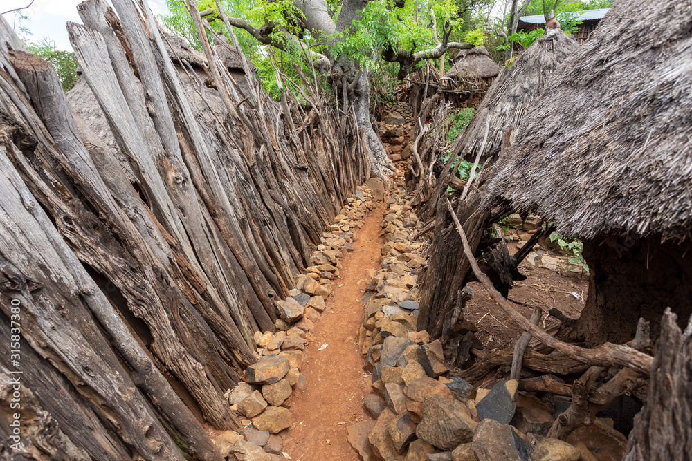 Narrow pathway in Konso, walled village tribes Konso. Africa, Ethiopia ...
