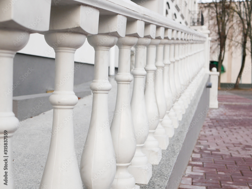 white railing. Beautiful vintage white concrete balcony railing. Stock ...