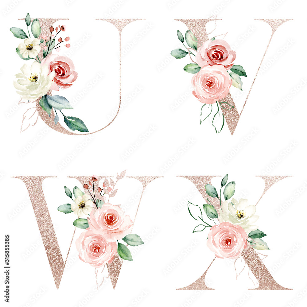 Letters set, gold floral alphabet with watercolor flowers peach roses ...