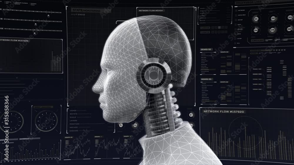 Humanoid robot with an Artificial Intelligence brain, polygon image ...