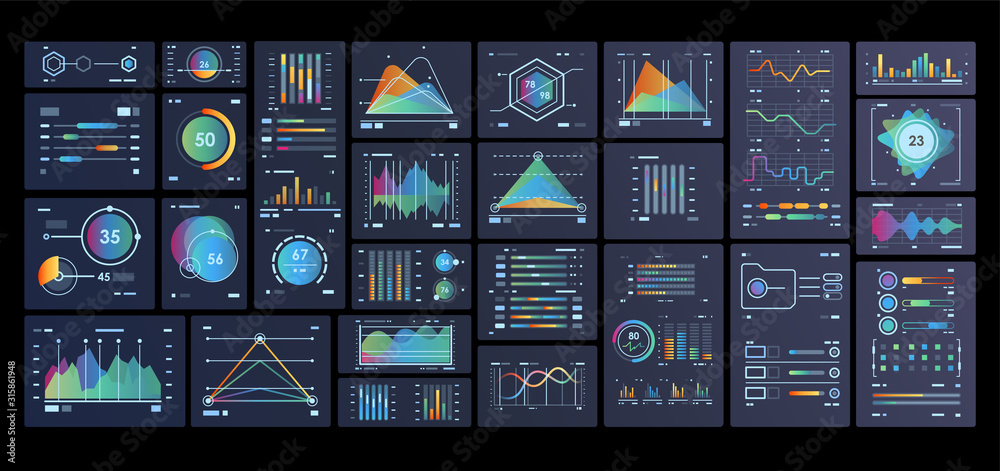 Dashboard template with big data visualization. Analytical vector infographics. Digital screen ...