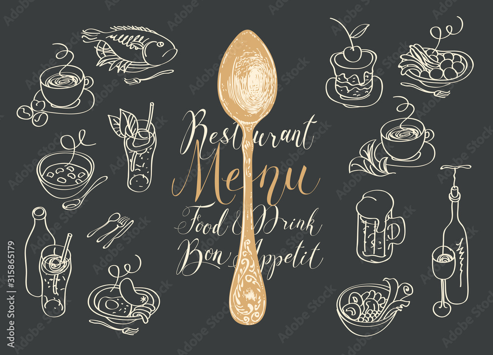 Vector restaurant menu with spoon, sketches of different dishes and ...