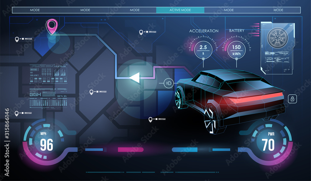 Abstract illustration of a smart or intelligent car. Electric car in ...