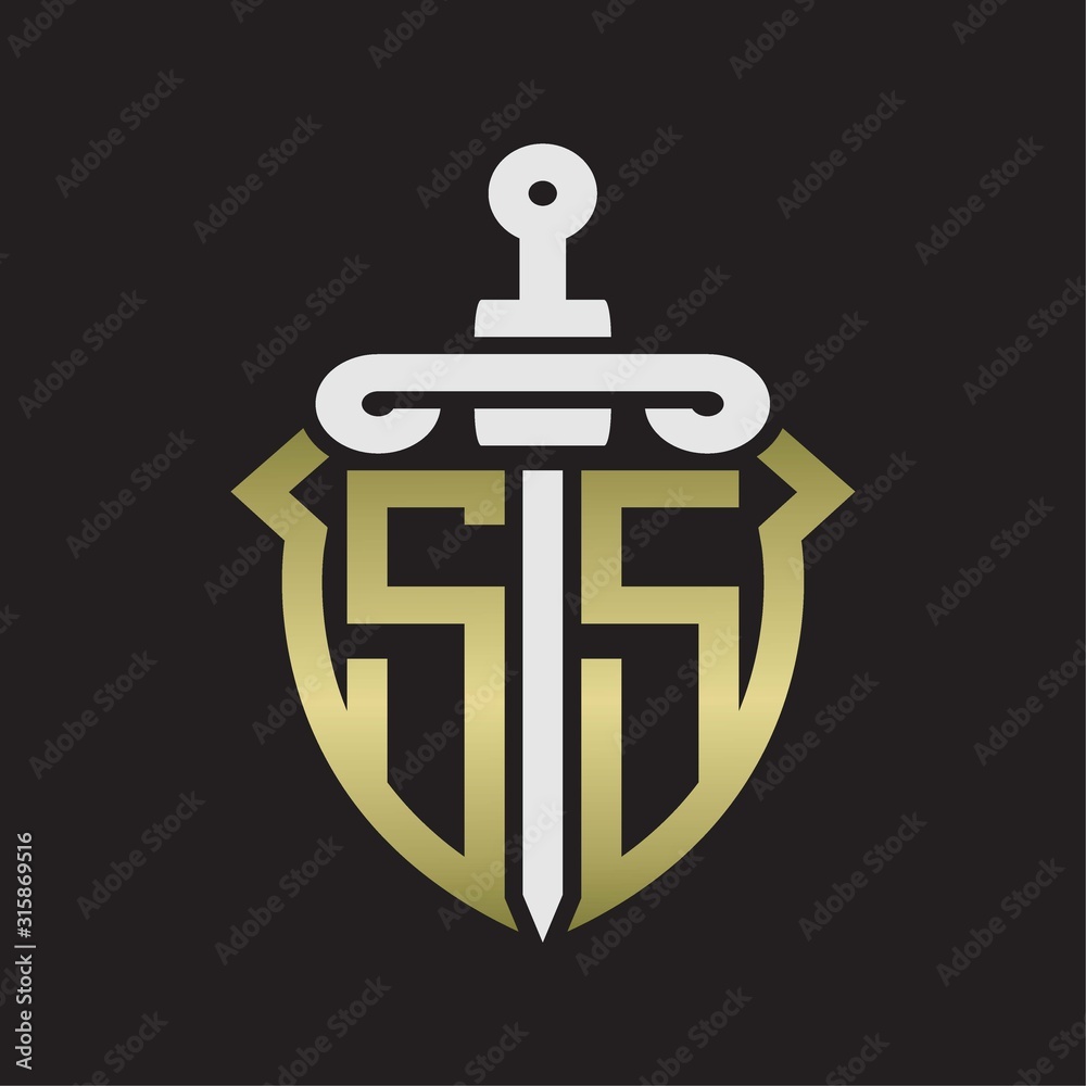 SS Logo monogram with sword and shield combination isolated with gold ...