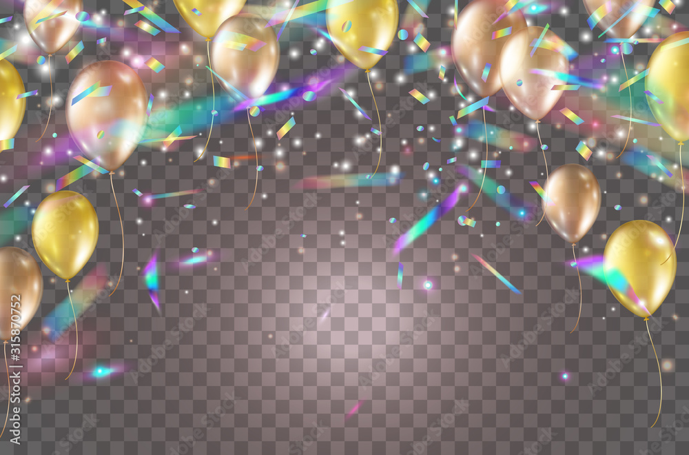 Balloons and holographic glitter confetti isolated on transparent ...