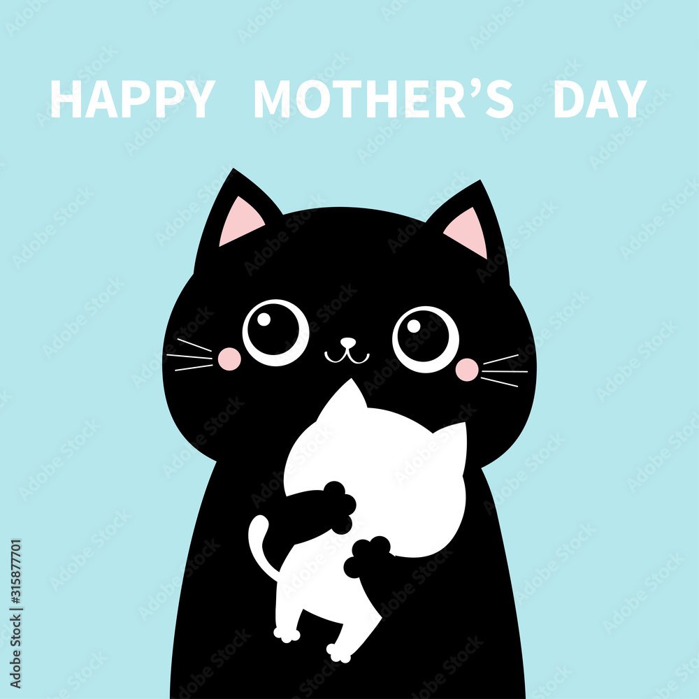 Mother cat holding hugging little baby kitten. Happy Mothers day ...