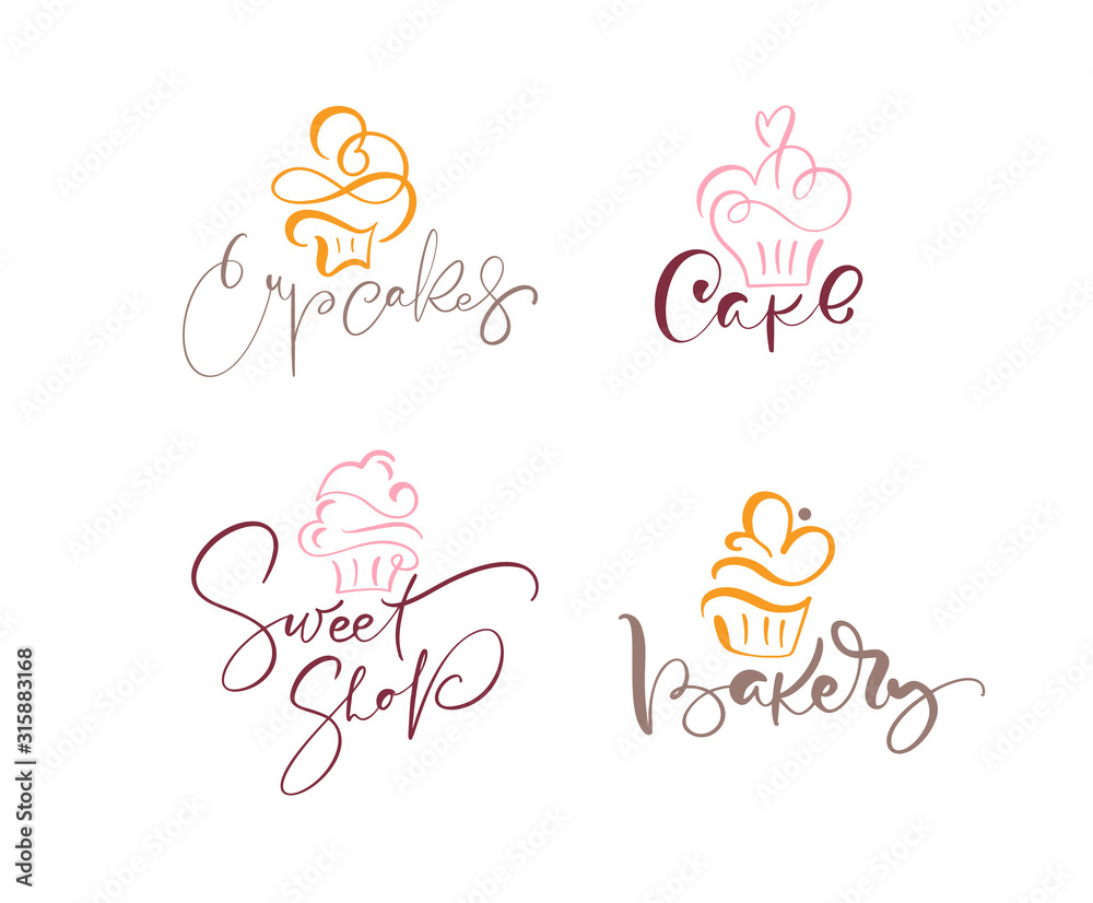Set of four illustrations of cake vector calligraphic text with logo ...