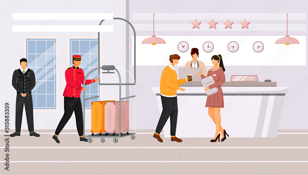 Hotel reception flat vector illustration. Guest talking with resort ...