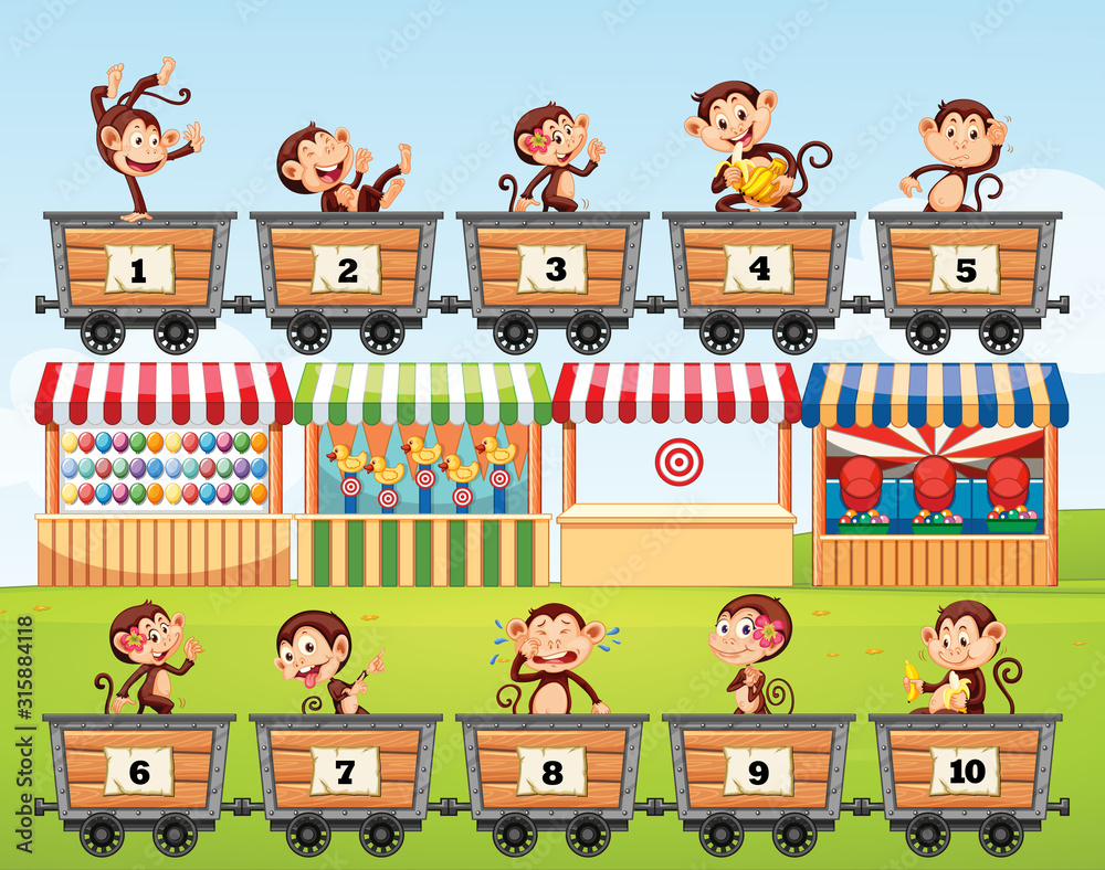 Counting numbers with monkeys in the carts Stock Vector | Adobe Stock