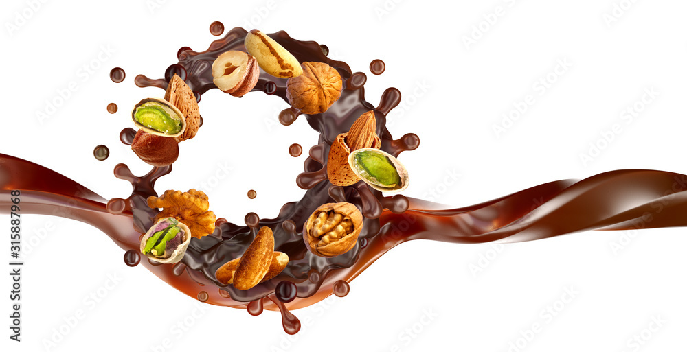 Melted liquid milk chocolate, chocolate sauce 3D splash, hazelnuts ...