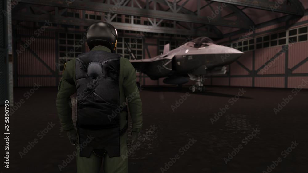 American soldier pilot is ready to takeoff looking at the jet fighter ...