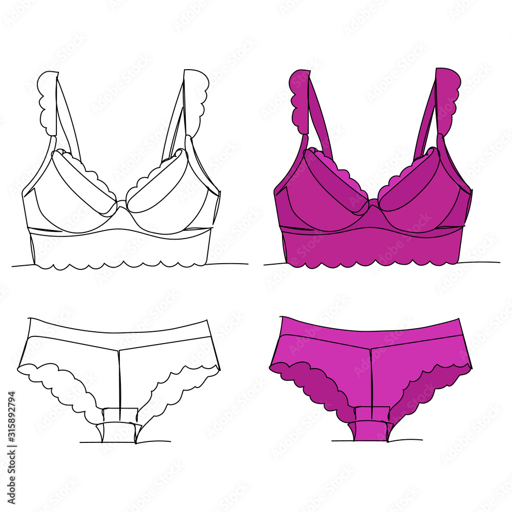 isolated, continuous line drawing of lingerie, sketch panties and bra ...