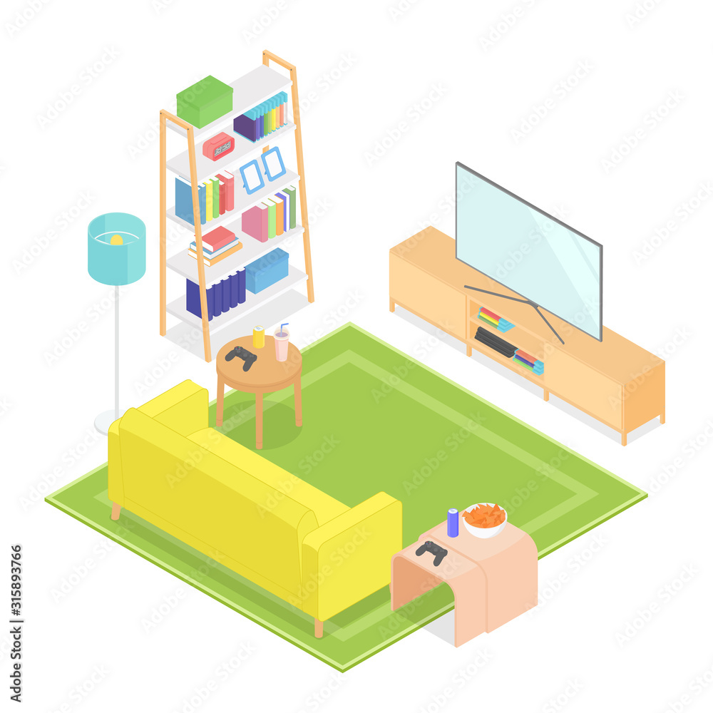 Colorful isometric game room on white. Vector illustration in flat ...