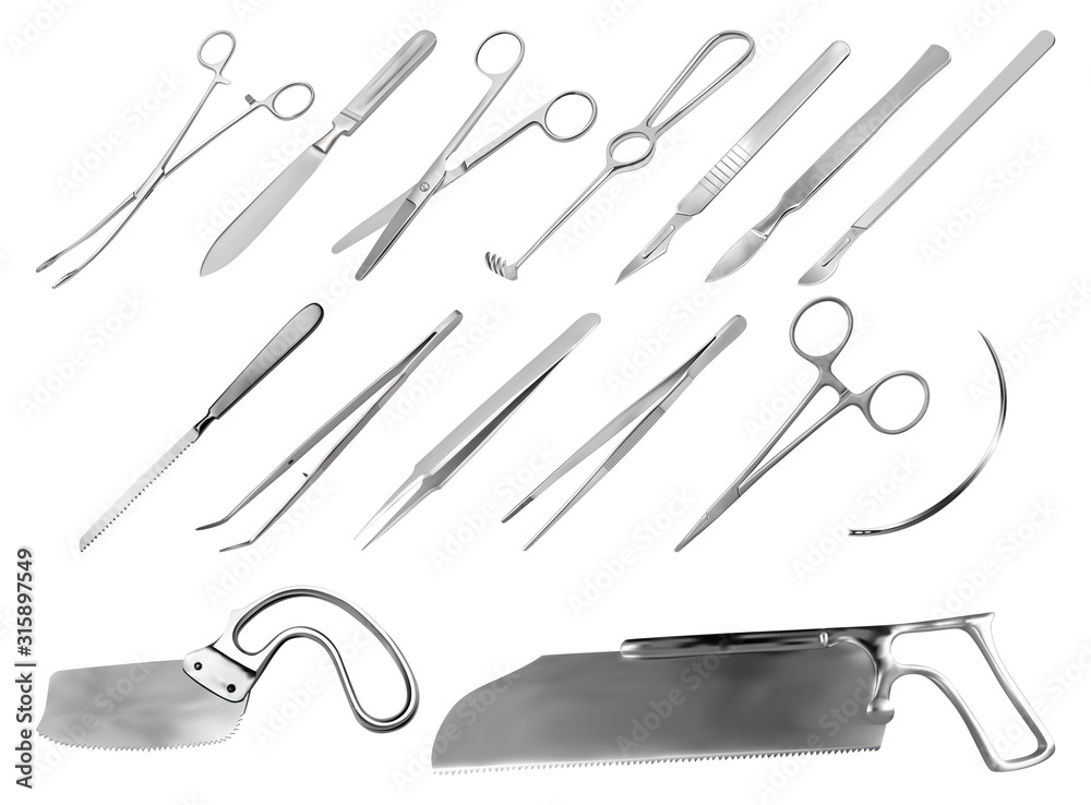 A set of surgical instruments. Tweezers, scalpels, Liston s amputation ...