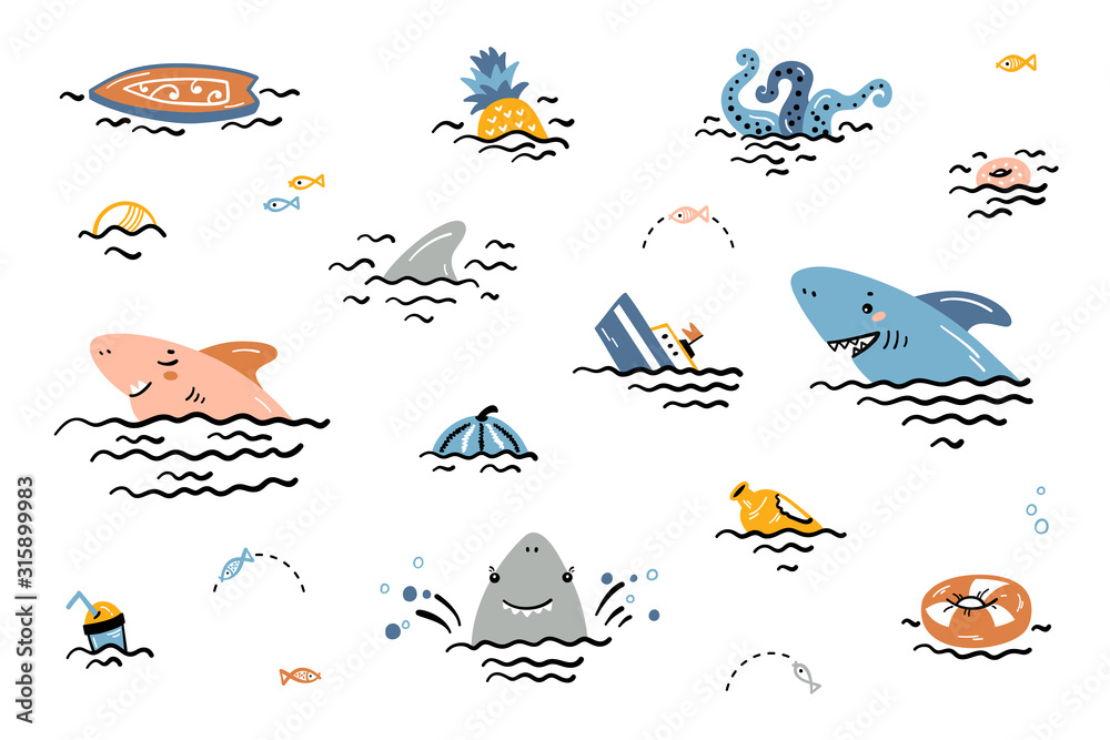 Cartoon Summer Sea Icons. Cute Shark Smiling Characters with Various ...