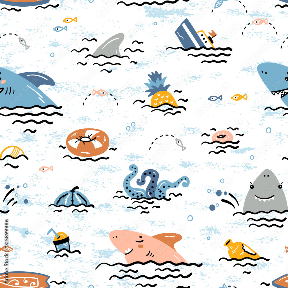 Cartoon Summer Sea Background for Kids. Vector Seamless Childish ...