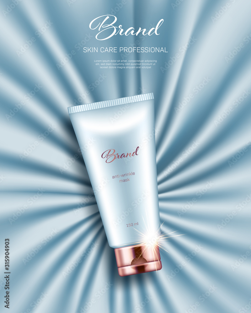 Realistic cream tube with golden lid on light blue smooth satin ...