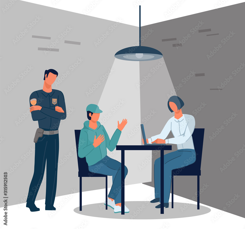 Interrogation criminal with lamp. Policeman and secretary questioning ...