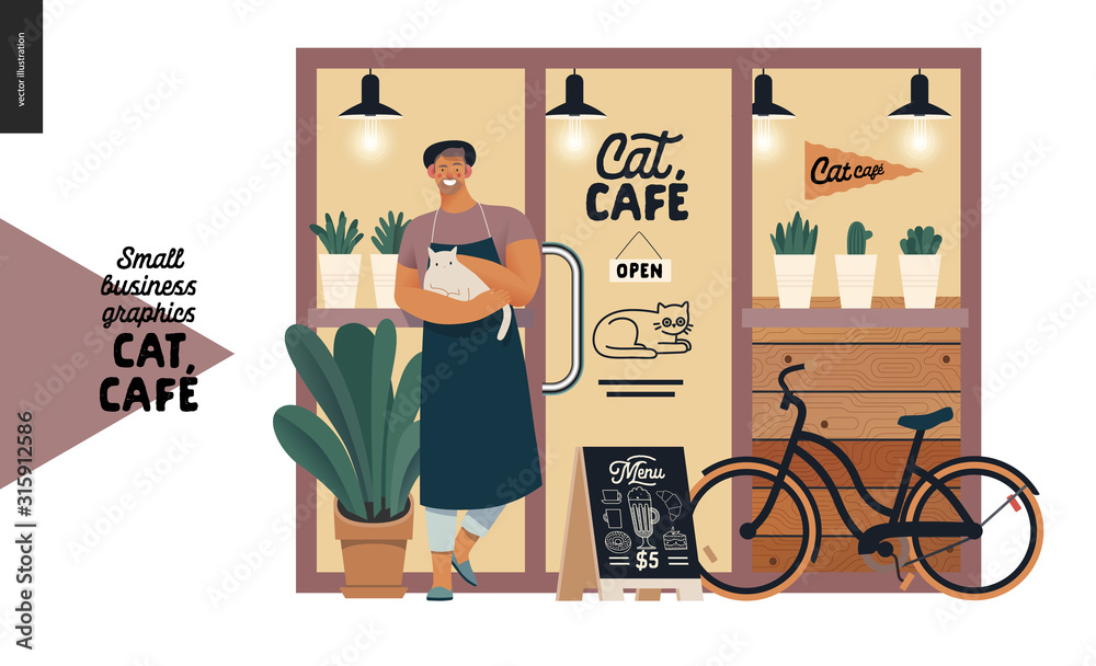 Vetor de Cat cafe -small business graphics -owner at the shop front ...