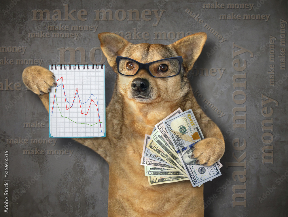 The beige dog trader in glasses is holding a spiral notebook with ...
