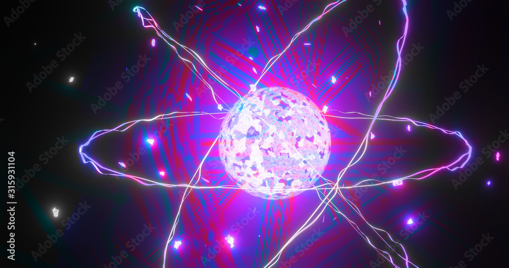 Quantum physics particles concept with atom core protons and neutrons ...