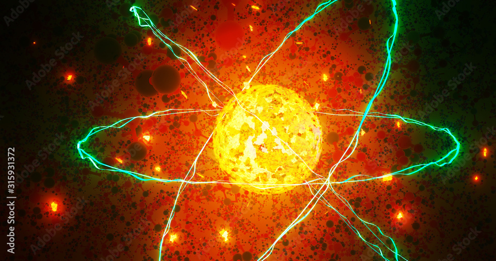 Quantum physics particles concept with atom core protons and neutrons ...