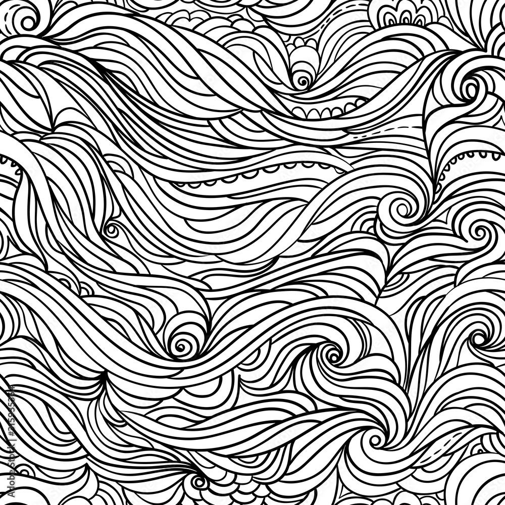 Seamless black and white wavy pattern, hand-drawn waves vector, wave ...