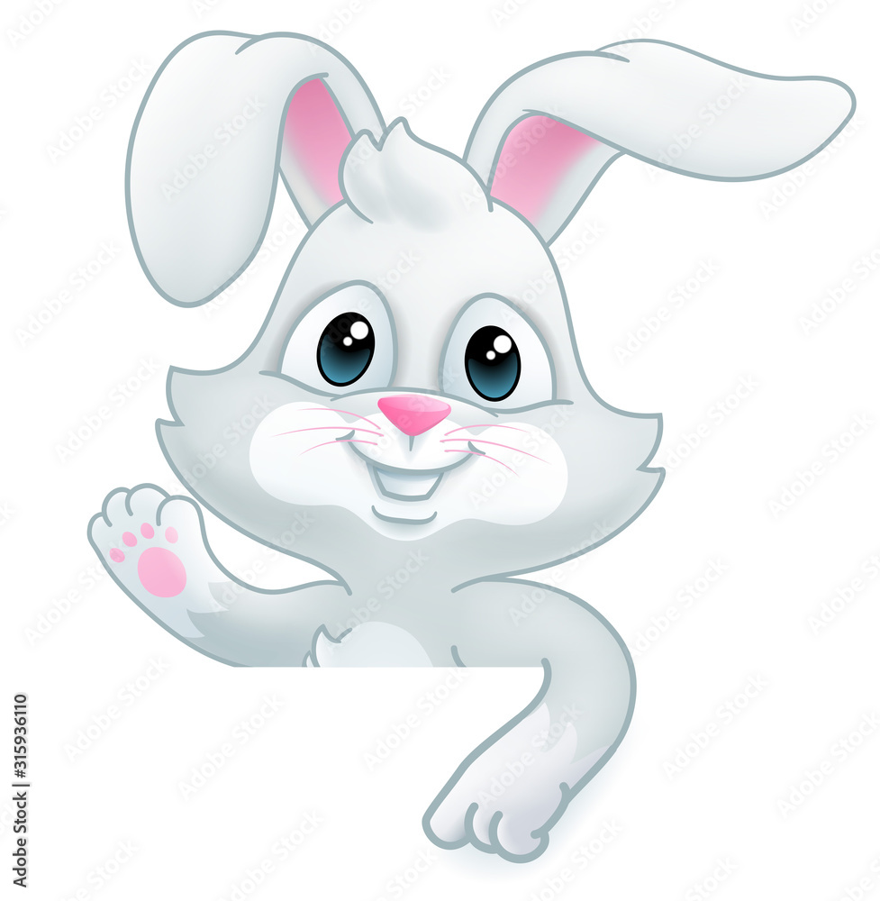 Easter bunny rabbit cartoon character peeking over a sign background ...