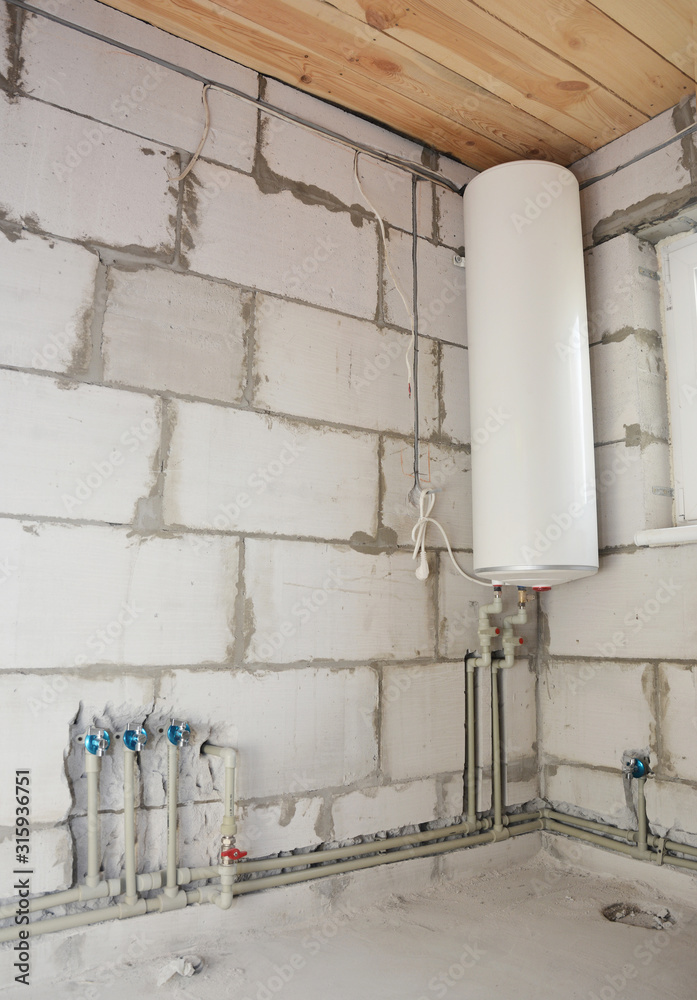 House hot water pipeline installation. The concealed faucet with ...