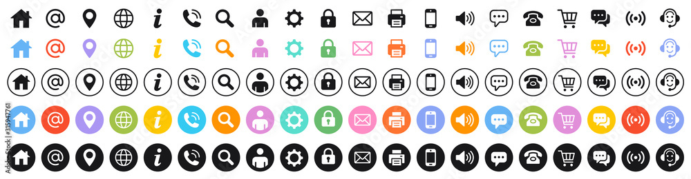 Set of 100 Business Card icons. Name, phone, mobile, location, place ...