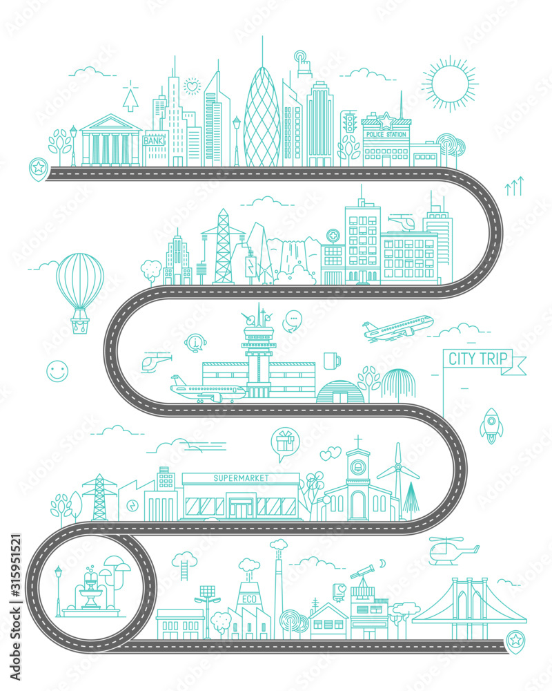 Road Map, Flat Design Vector Illustration, with landscape, houses and ...