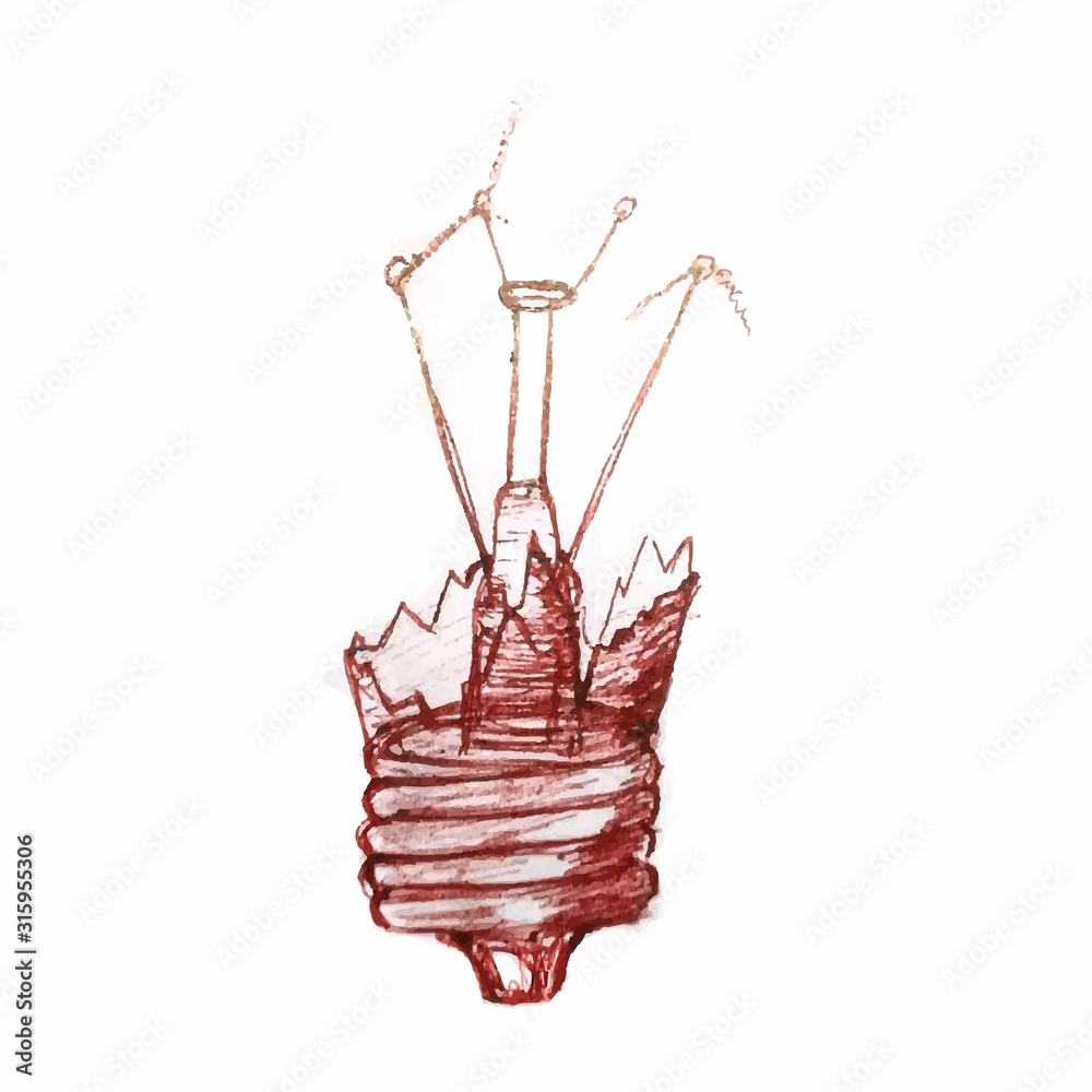 Red tone of light bulb. The light bulb explodes to pieces and the glass ...