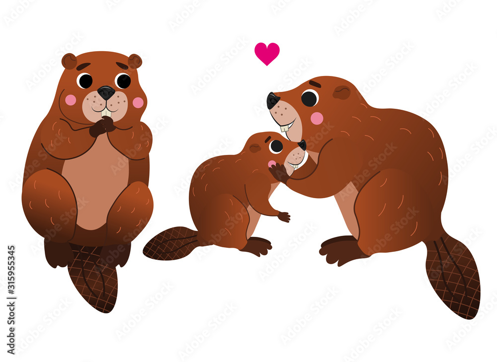 Cute cartoon wild beaver family vector image. Male and female beaver ...