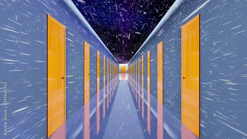 3d video transition - moving through a doors hall corridor of stars in ...
