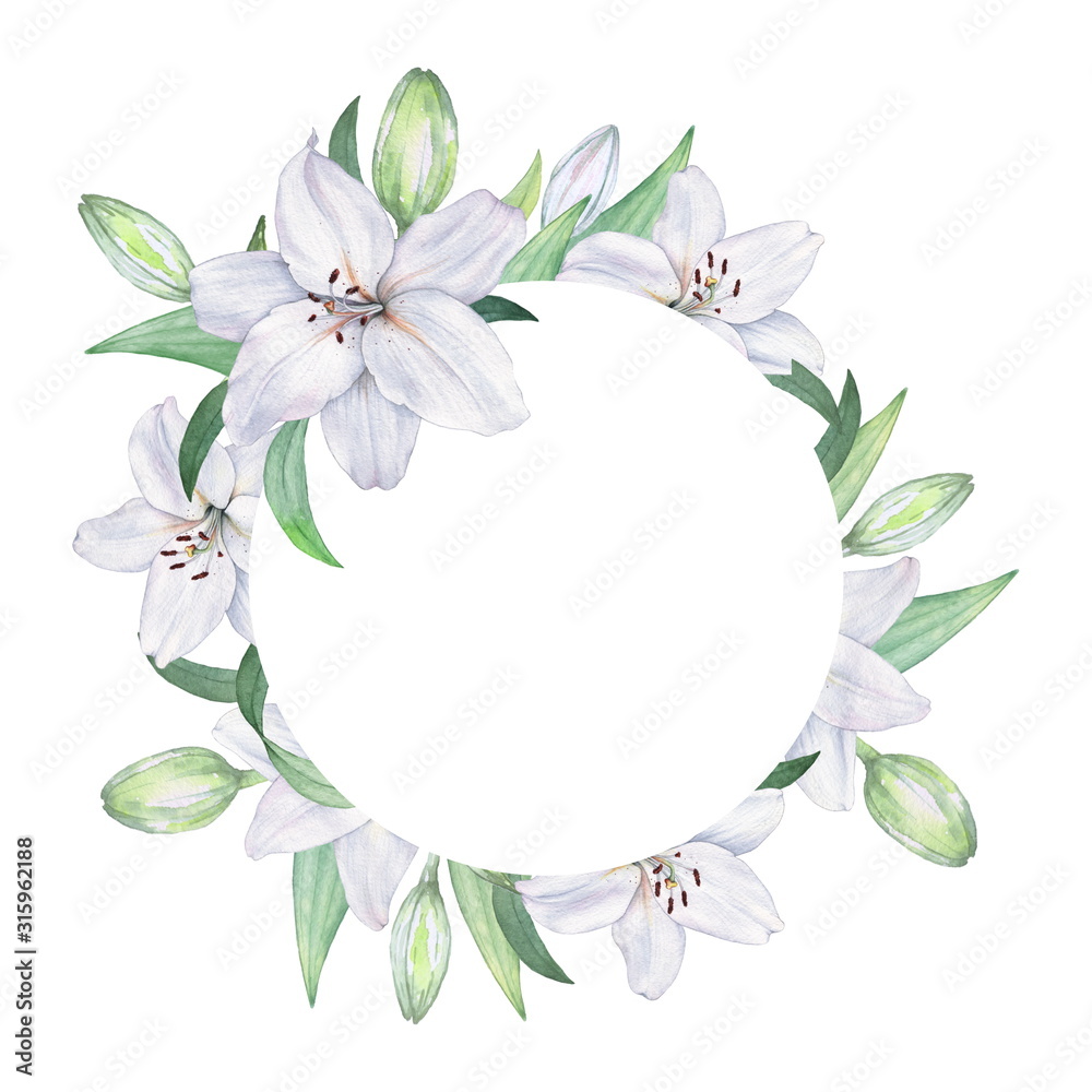 Frame of white lilies. Round flower frame 1. Watercolor illustration ...